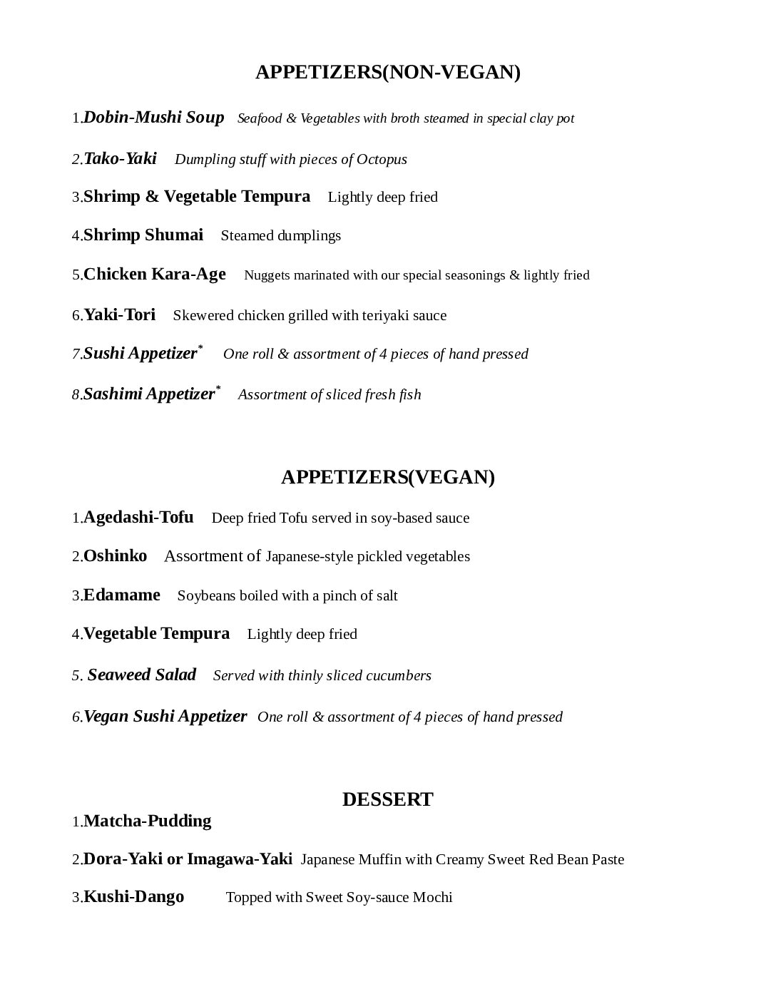 Dinner Menu – Nagomi Japanese Restaurant