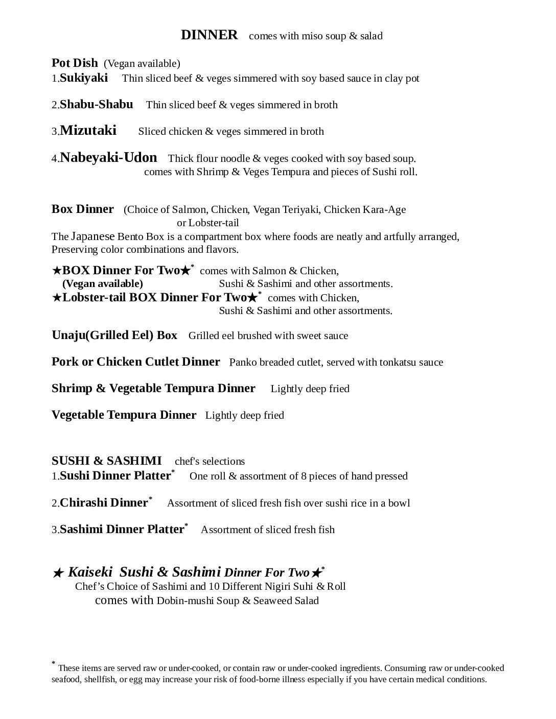 Dinner Menu – Nagomi Japanese Restaurant
